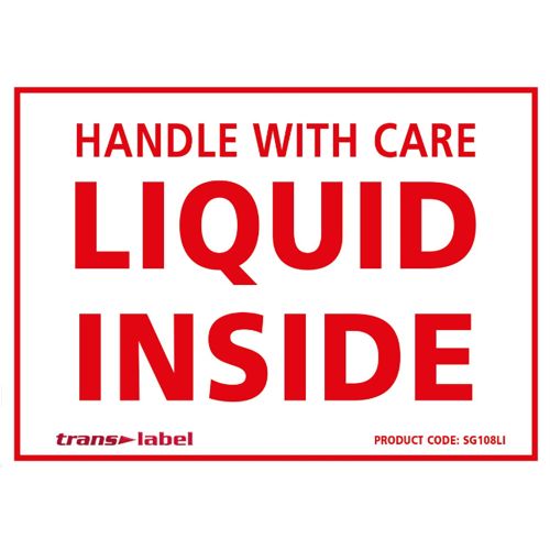 'Handle With Care Liquid Inside' Label - 108x79mm | Indigo Supplies Ltd